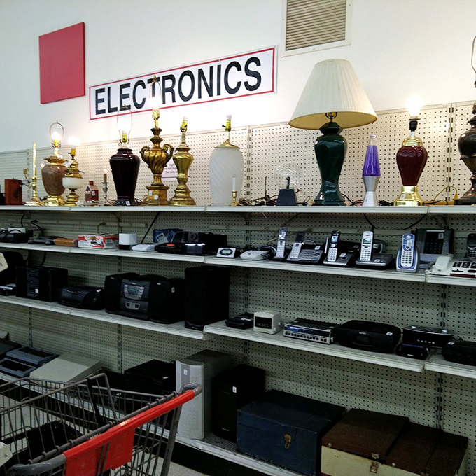 Vintage lamps stand like sentinels over modern electronics. Yesterday's technology meets today's bargain hunters in this time-traveling aisle.