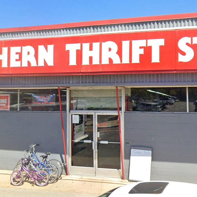 No fancy boutique pretensions here—just honest-to-goodness thrifting adventure waiting behind those glass doors. The bicycles hint at the local, community vibe.