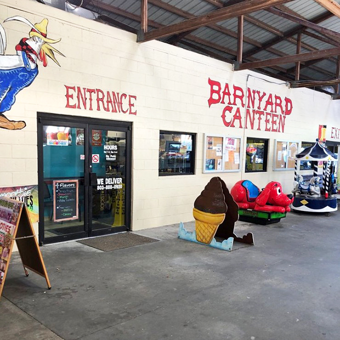 The Barnyard Canteen, where shopping fuel comes with a side of local gossip. That cartoon rooster has seen more deals struck than a Vegas poker table.
