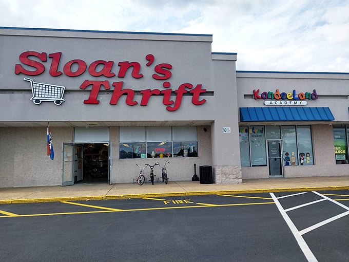 A fresh coat of paint and prominent signage make this thrift store impossible to miss, like finding the golden ticket in your chocolate bar.