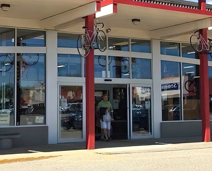 Bicycles hang like modern art above the entrance, a quirky welcome sign that says, "Yes, we even sell the kitchen sink's transportation."
