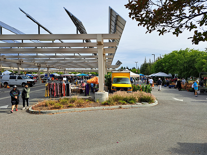 Silicon Valley's most analog experience unfolds beneath futuristic solar structures, where tech takes a backseat to the timeless art of the deal.