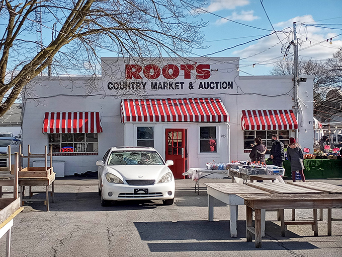 That classic red-and-white striped awning signals you've arrived at bargain hunting headquarters in Lancaster County.