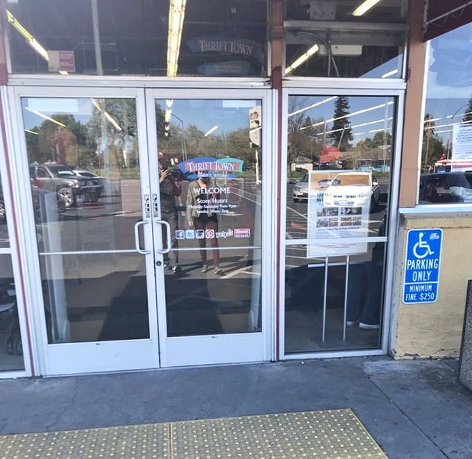 Those glass doors are the gateway to secondhand paradise where wallets go to feel happy.