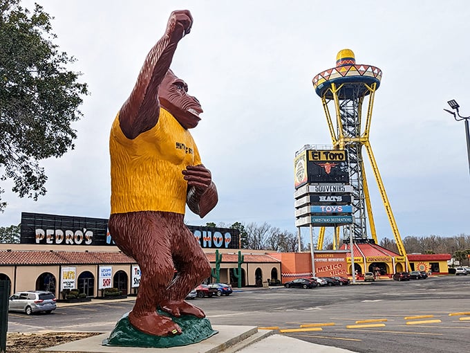 Pedro stands tall, forever waving hello to I-95 travelers who can't resist his cheerful concrete charm.