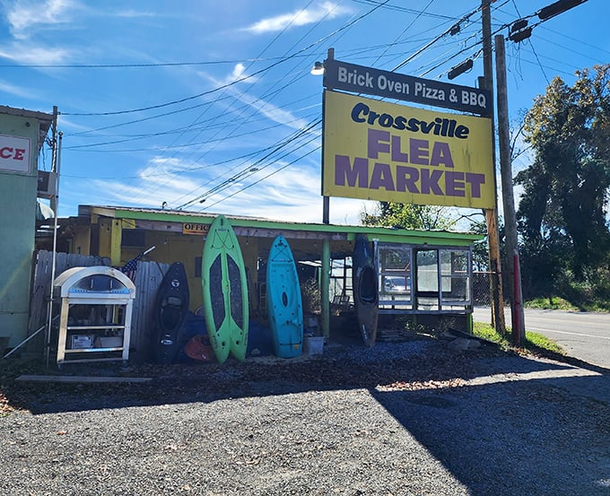 The unassuming entrance belies what lies beyond &ndash; kayaks, window frames, and endless possibilities under that bright Tennessee sky.
