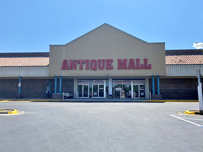 Blue skies and red lettering welcome treasure hunters to this Lakeland institution. The parking lot's emptiness is deceptive&mdash;inside awaits a bustling universe of collectibles.