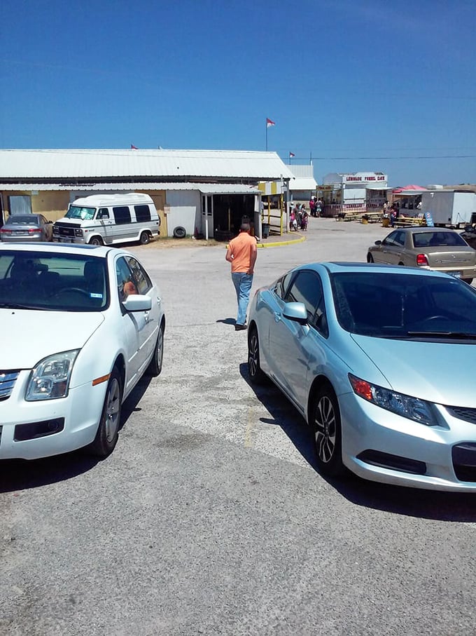 The Texas sun beats down on this bargain hunter's paradise, where white buildings and parked cars hint at the treasures waiting inside.