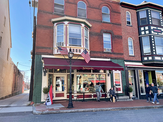 Historic charm meets festive spirit at the downtown Gettysburg location, where brick facades and bay windows create a storybook setting.