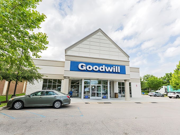 Blue skies frame this bargain hunter's paradise. The parking lot fills early on discount days, when savvy shoppers arrive armed with empty carts and big dreams.