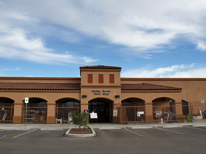 No ordinary strip mall tenant, the Golden Goose's stucco fa&ccedil;ade and Spanish tile roof offer a first hint that this thrift experience transcends the ordinary.