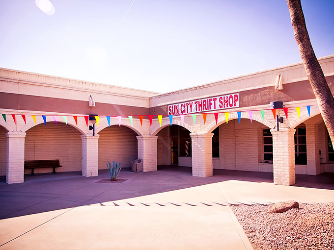 Colorful pennant flags flutter in the Arizona breeze, giving this thrift wonderland a perpetual festival atmosphere.