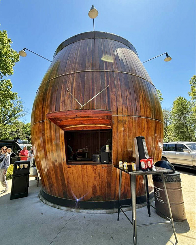 Towering against the Michigan sky, this 17-foot wooden wonder looks like something Paul Bunyan might have ordered his root beer in.