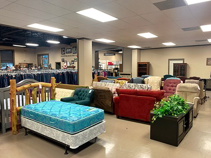 Furniture paradise awaits! That teal mattress might just be the pop of color your guest room has been secretly begging for.