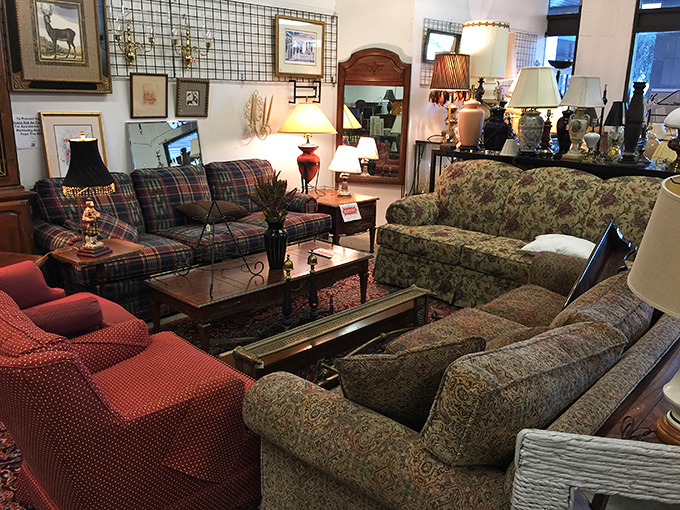 Living room time capsules await new homes. That plaid sofa has probably heard more family stories than a holiday dinner table. 