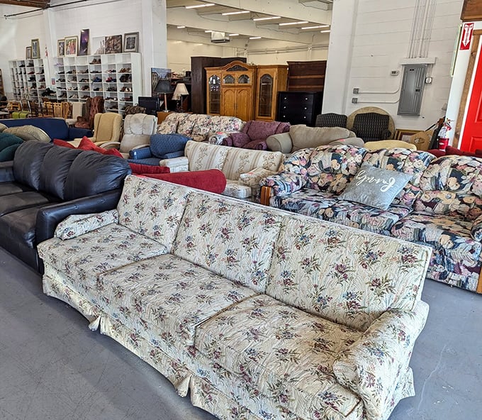 A sofa safari where floral patterns from decades past await new homes. One person's dated decor becomes another's vintage find.