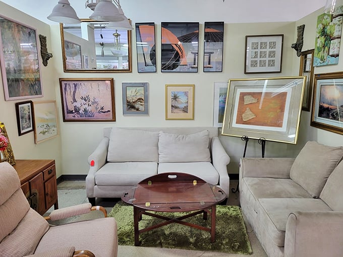 A living room tableau that whispers "I have stories to tell." These artfully arranged sofas and framed pieces are just waiting for their second act.