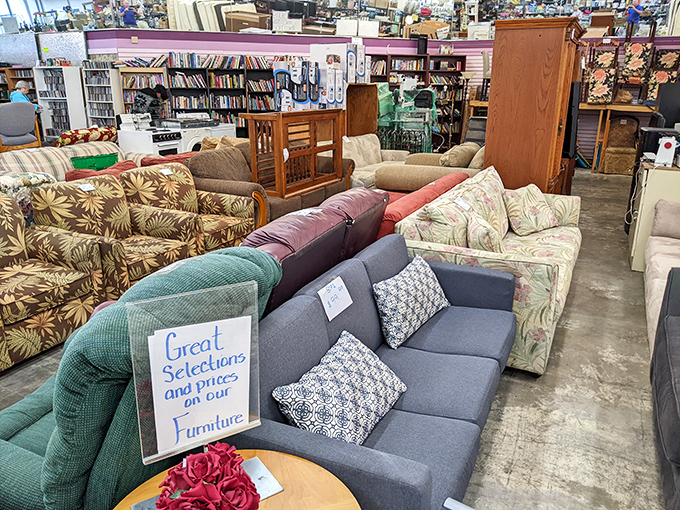 A furniture showroom that rivals IKEA&mdash;if IKEA had a section called "Your Grandma's Living Room Greatest Hits." That teal couch is practically begging for a second chance at love.