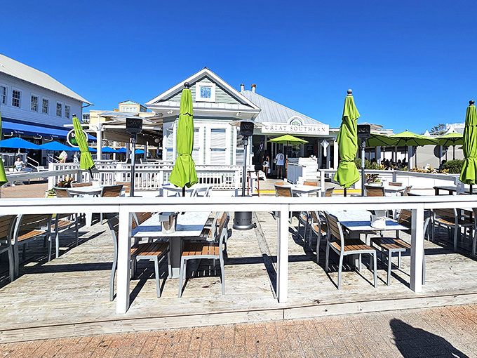 This breezy outdoor dining setup at Great Southern Cafe is what vacation dreams are made of. Those lime-green umbrellas aren't just for show&mdash;they're beacons for hungry beach-goers. 