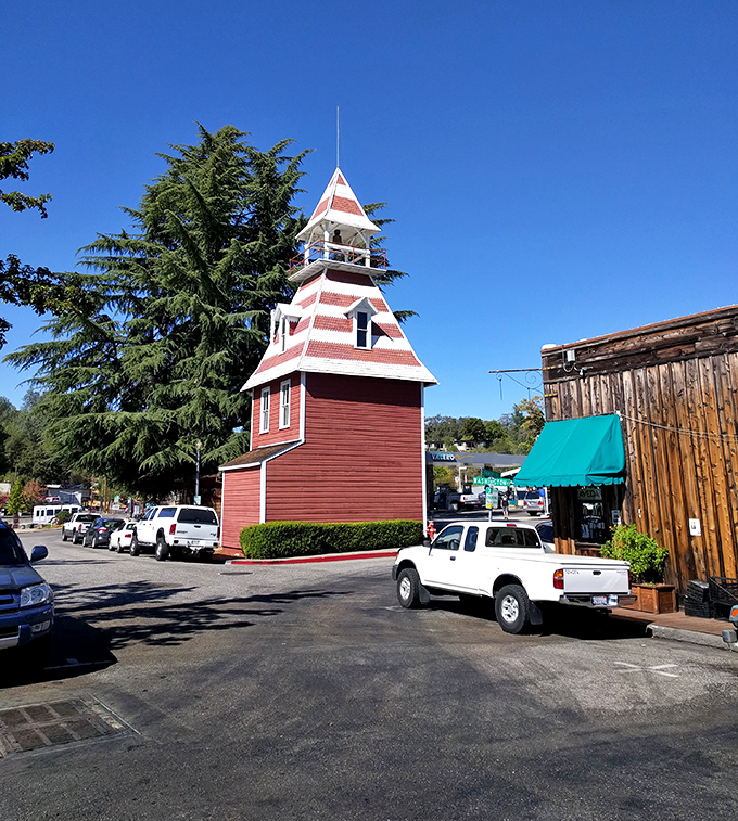 The iconic red and white striped fire bell tower stands like Auburn's exclamation point. This 1891 landmark has more personality than most modern skyscrapers.