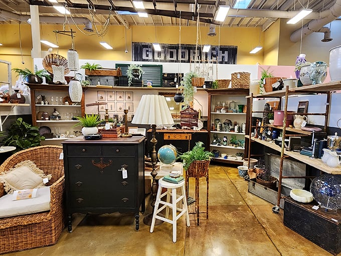 Wicker meets whimsy in this carefully curated corner. That black dresser isn't just furniture—it's your next conversation starter waiting to happen.