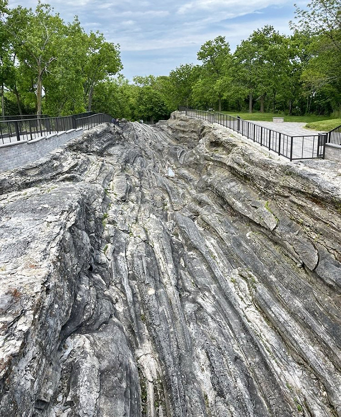 Like a stone waterfall frozen in time, these ancient grooves tell the story of ice sheets that sculpted Ohio's landscape thousands of years ago.