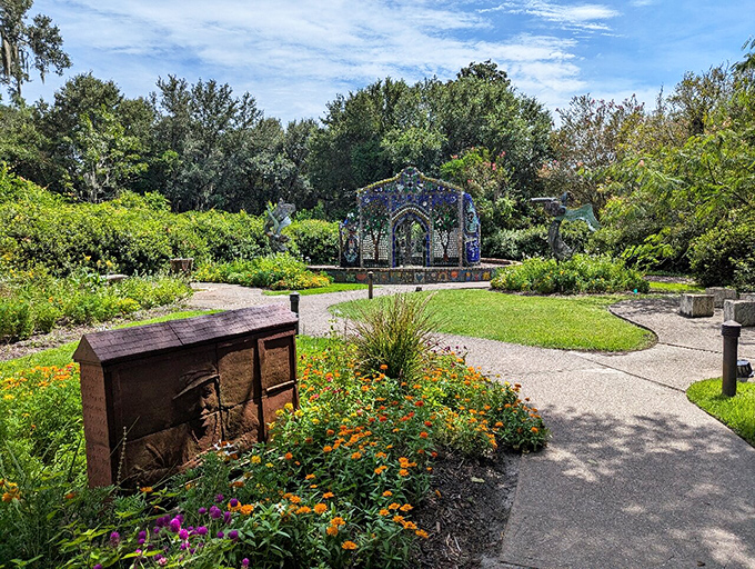 The Bottle Chapel stands as a kaleidoscopic tribute to self-taught artist Minnie Evans, proving one person's recycling is another's stained-glass masterpiece.