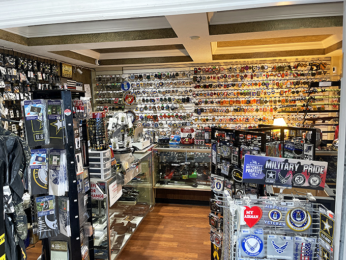 Wall-to-wall treasures await inside, where military patches and insignia create a kaleidoscope of American service history that would make any collector swoon.