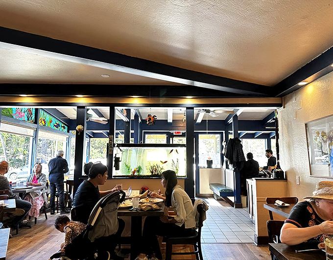 Inside Fishwife, exposed beams and nautical touches create the perfect backdrop for serious seafood without pretentious atmosphere.