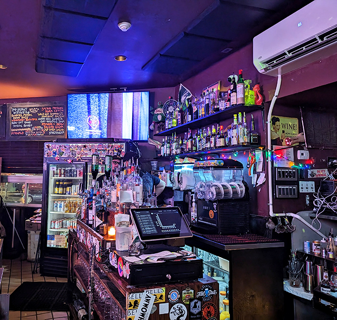 Behind the bar, purple walls and twinkling lights create the perfect backdrop for both traditional cocktails and unexpected vegan revelations.