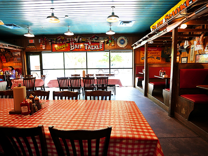 Red checkered tablecloths and fishing memorabilia create that perfect "come as you are, leave with sauce on your shirt" atmosphere that every great BBQ joint requires.
