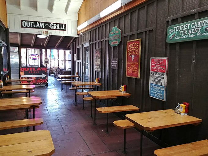 Step inside and time travel to the Old West, where wooden tables and vintage posters create the perfect backdrop for culinary outlaws to enjoy their bounty.
