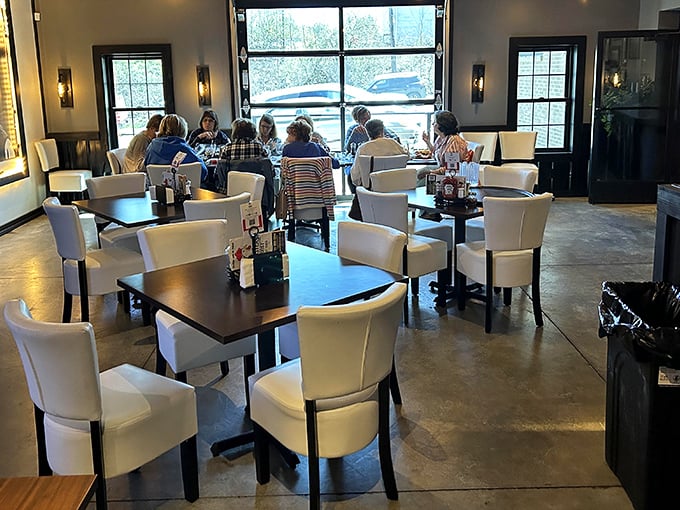 Clean lines and comfortable seating create the perfect backdrop for serious chicken conversations.