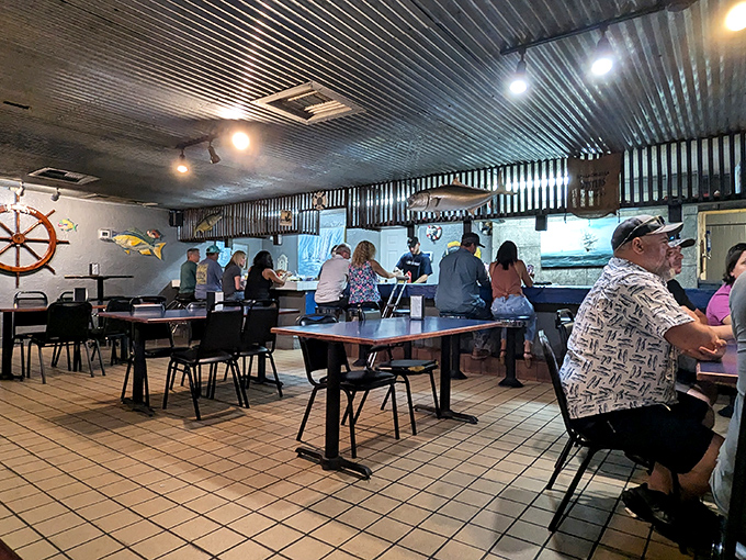 No white tablecloths here&mdash;just honest nautical charm, corrugated metal ceilings, and the promise of seafood that doesn't need fancy surroundings to impress.