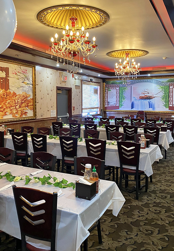 Crystal chandeliers and elegant d&eacute;cor create an unexpected atmosphere of grandeur. Who knew a buffet could feel like dining in a palace?