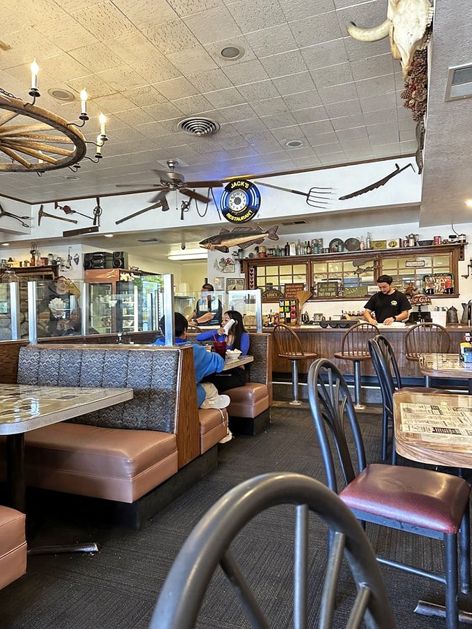 Inside, wagon wheels and fishing gear hang from the ceiling &ndash; not as hipster decor, but as authentic nods to the mountain lifestyle that defines this region.