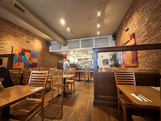 Exposed brick walls and warm wooden furnishings create the perfect backdrop for culinary magic. Like a hug in restaurant form.