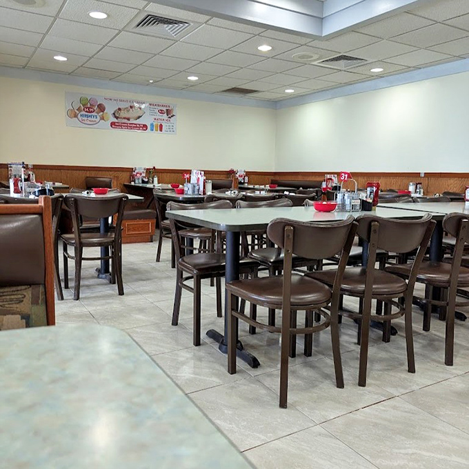 Inside, the no-nonsense seating arrangement promises exactly what you want from a diner: comfort, familiarity, and a place where calories don't count.