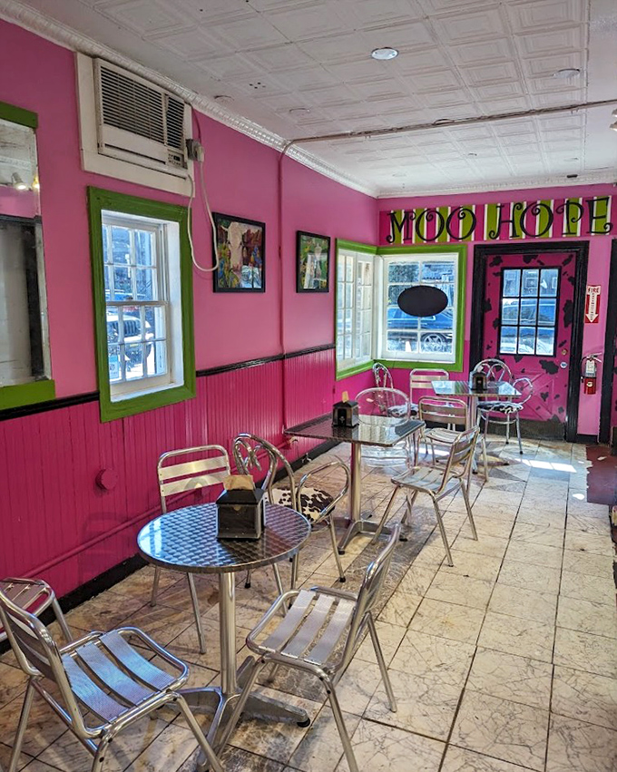 Step inside and you're greeted by a pink paradise that would make Barbie's Dreamhouse look understated. Those vintage metal chairs have witnessed countless ice cream epiphanies.