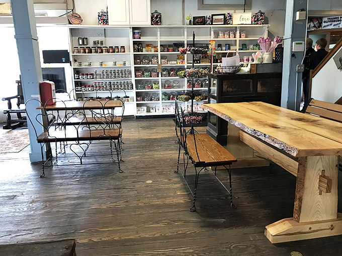 Rustic wooden tables and vintage shelving create the perfect backdrop for culinary magic, where history and hunger meet in delicious harmony.