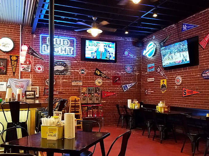 Brick walls adorned with beer signs and sports memorabilia create that perfect "I've discovered something special" atmosphere locals try to keep secret.