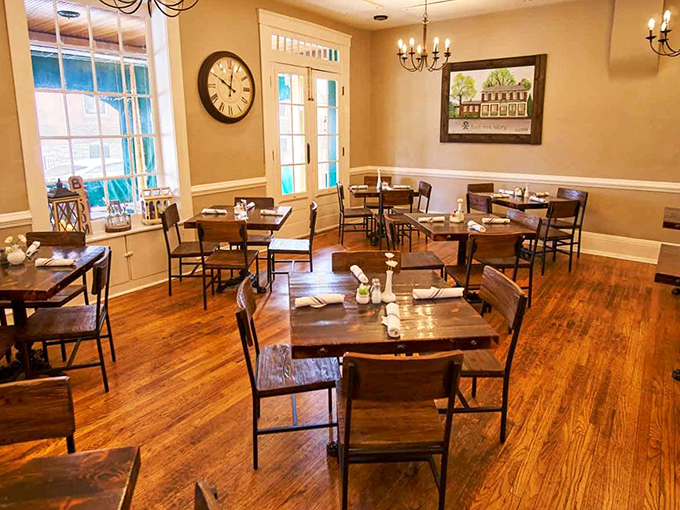 Warm wooden floors, elegant chandeliers, and tables that invite lingering conversations&mdash;this dining room feels like the living room of your most sophisticated friend.