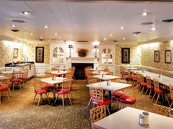 Step inside and you're transported to the golden age of dining &ndash; ornate chairs, patterned wallpaper, and a fireplace that says "stay awhile, the calories are worth it."