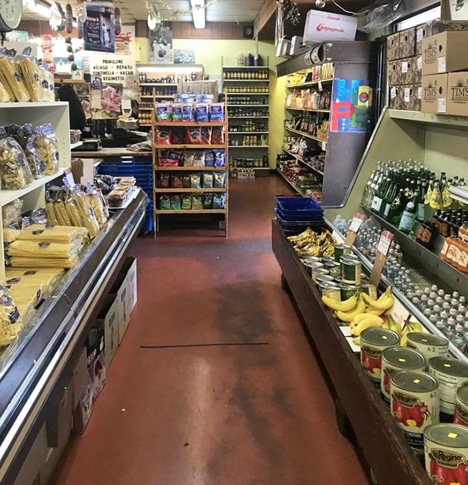 Narrow aisles packed with imported delights create a treasure hunt atmosphere. Every shelf tells a story of Italian culinary tradition.