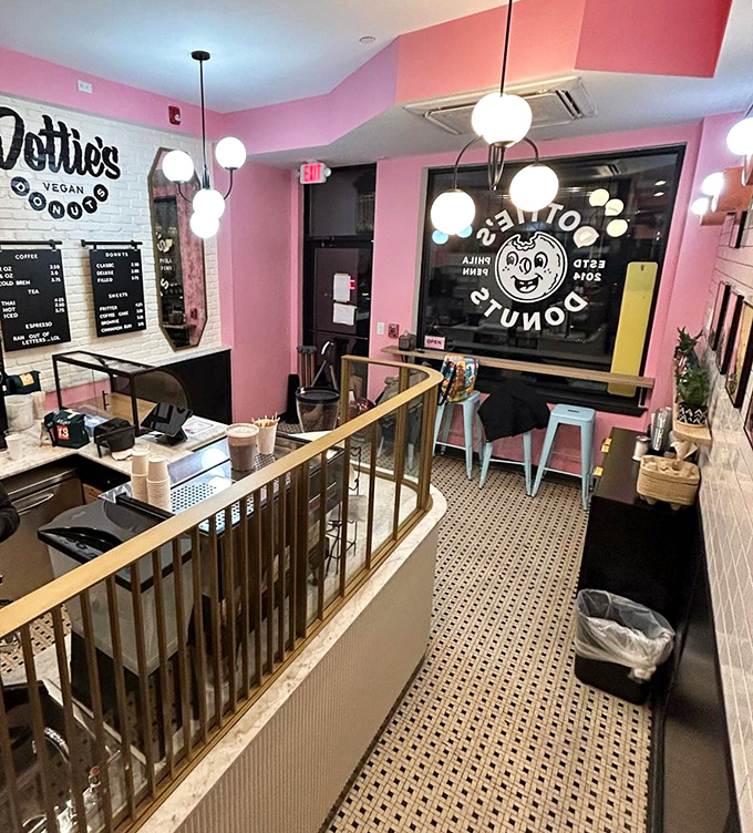 Pink walls and modern touches create a wonderland where calories don't count and happiness comes glazed.