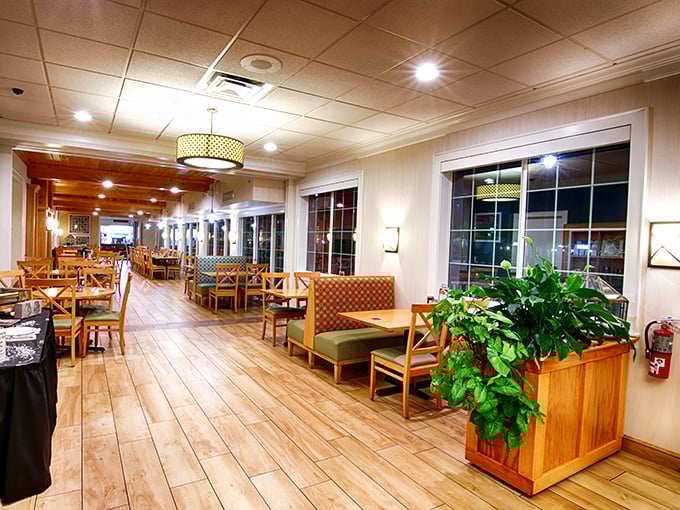 Warm wooden tones and comfortable seating create an atmosphere that says, "Stay awhile, calories don't count when you're among friends."