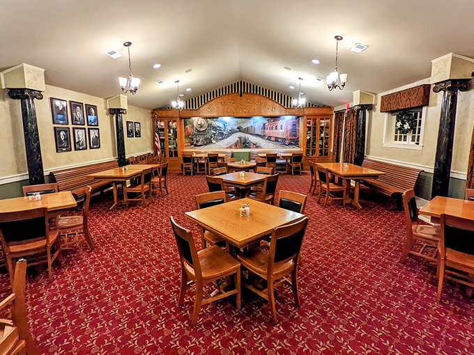 Inside, the rich burgundy carpet and wooden furnishings create that perfect "special occasion that feels like home" atmosphere.