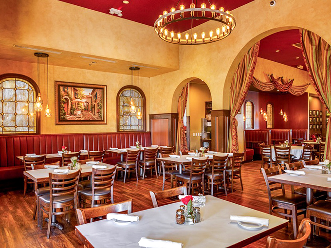 Step inside and you're transported to Italy without the jet lag&mdash;warm amber walls, rich wood, and that magnificent chandelier creating the perfect ambiance for carb-loading.