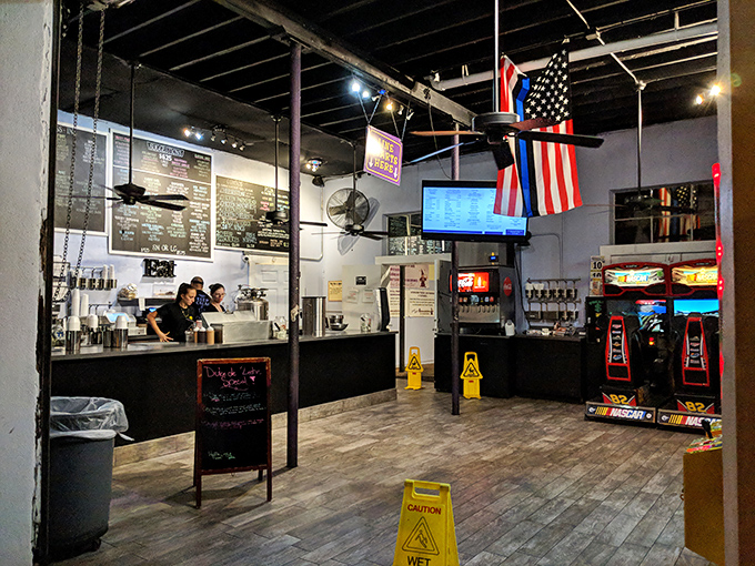 Industrial meets whimsical in this nitrogen-powered wonderland where arcade games complement frozen alchemy.