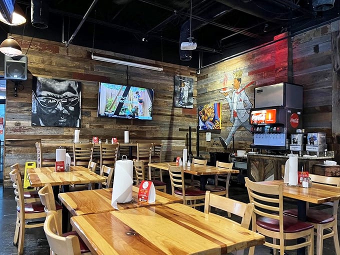 Rustic wooden walls and simple tables create the perfect no-nonsense backdrop for the serious business of hot chicken consumption. No distractions from the main event here.
